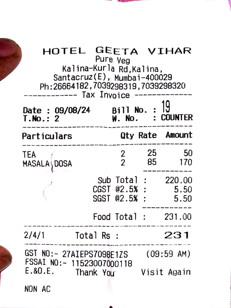 9th To 10th Aug Food Bill | PDF