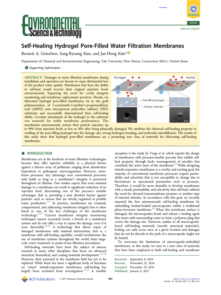 Getachew Et Al 2017 Self Healing Hydrogel Pore Filled Water Filtration ...