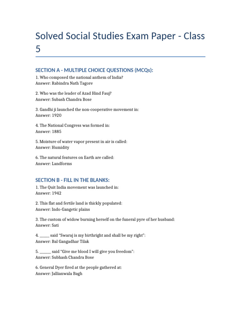 Solved SST Exam Paper Class 5 | PDF