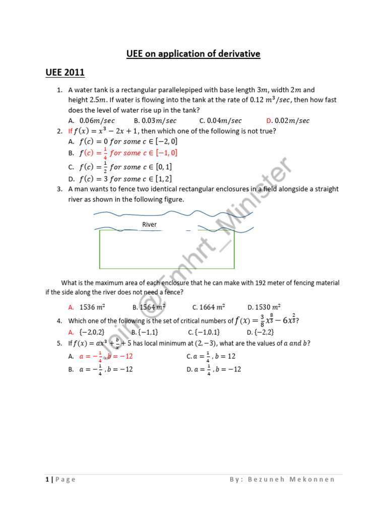 Maths EUEE Question On Derivative and Application of Derivative | PDF