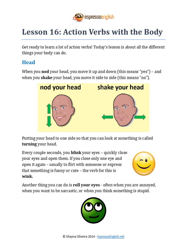 Lesson 16 - Action Verbs With The Body | PDF