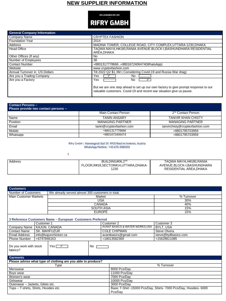 Rifry Supplier Form | PDF