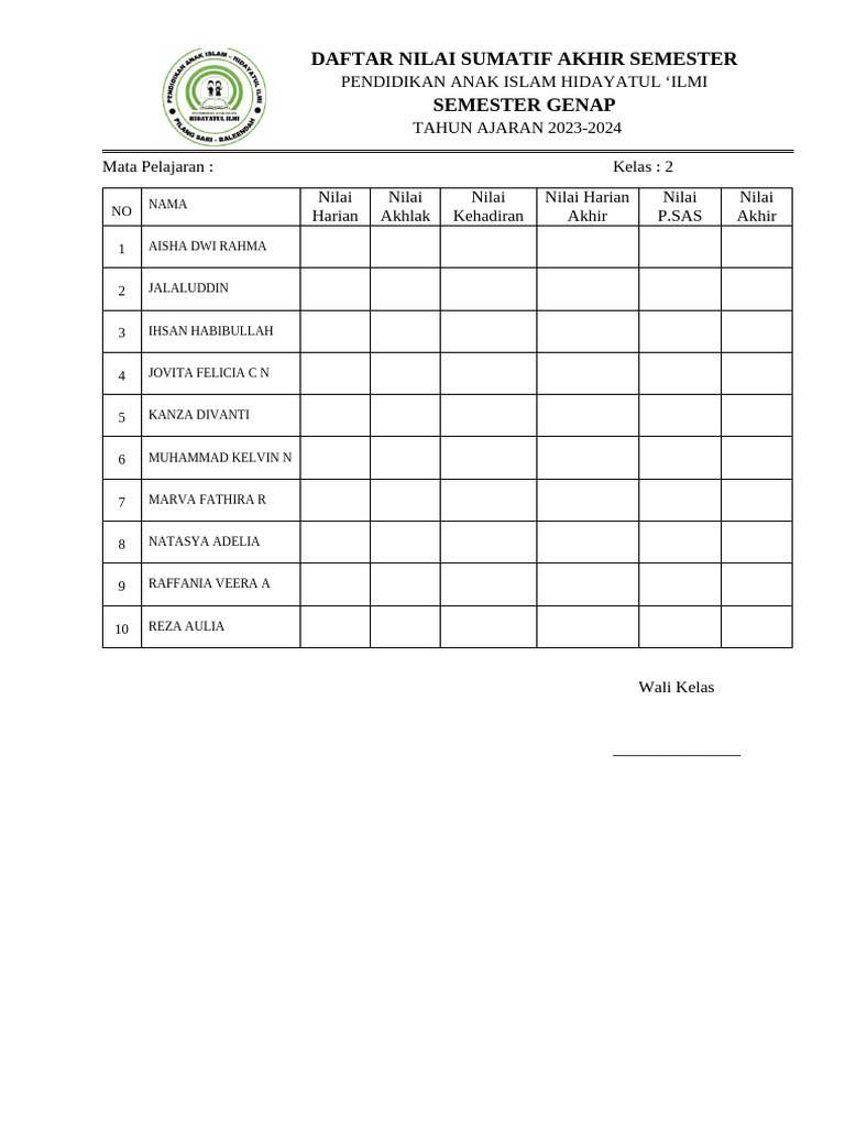 Daftar Nilai Sumatif Akhir Semester | PDF