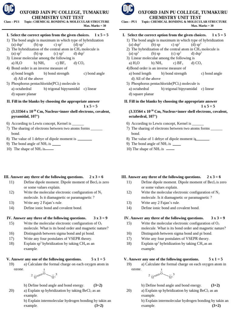Chemical Bonding & Molecular Structure Unit Test - 1 | PDF | Chemical ...