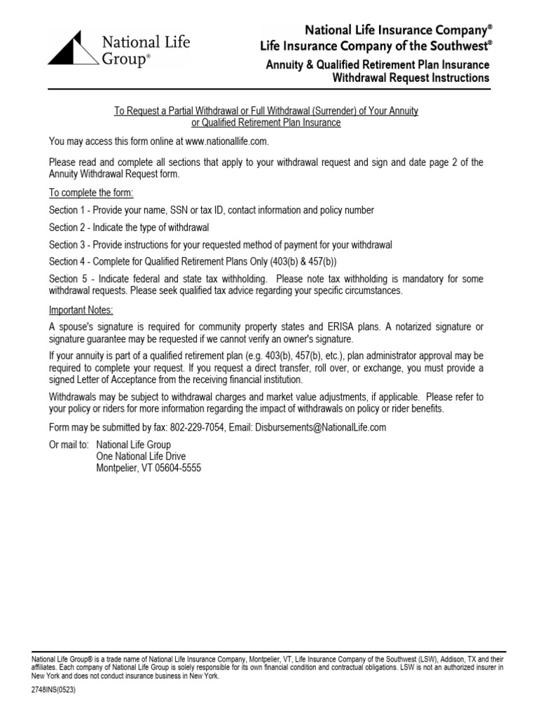 Annuity & Qualified Retirement Plan Insurance Withdrawal Request Instructions | PDF