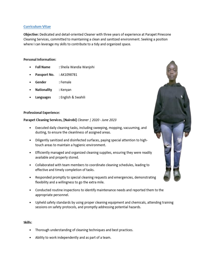 Sheila Wanjohi - Cleaner CV | PDF | Career & Growth