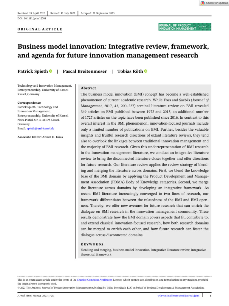 J of Product Innov Manag - 2023 - Spieth - Business Model Innovation Integrative Review ...