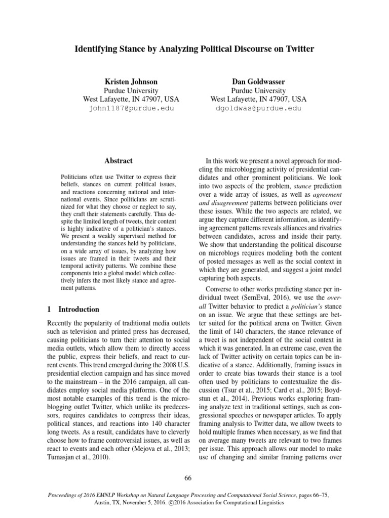 Identifying Stance by Analyzing Political Discourse On Twitter | PDF