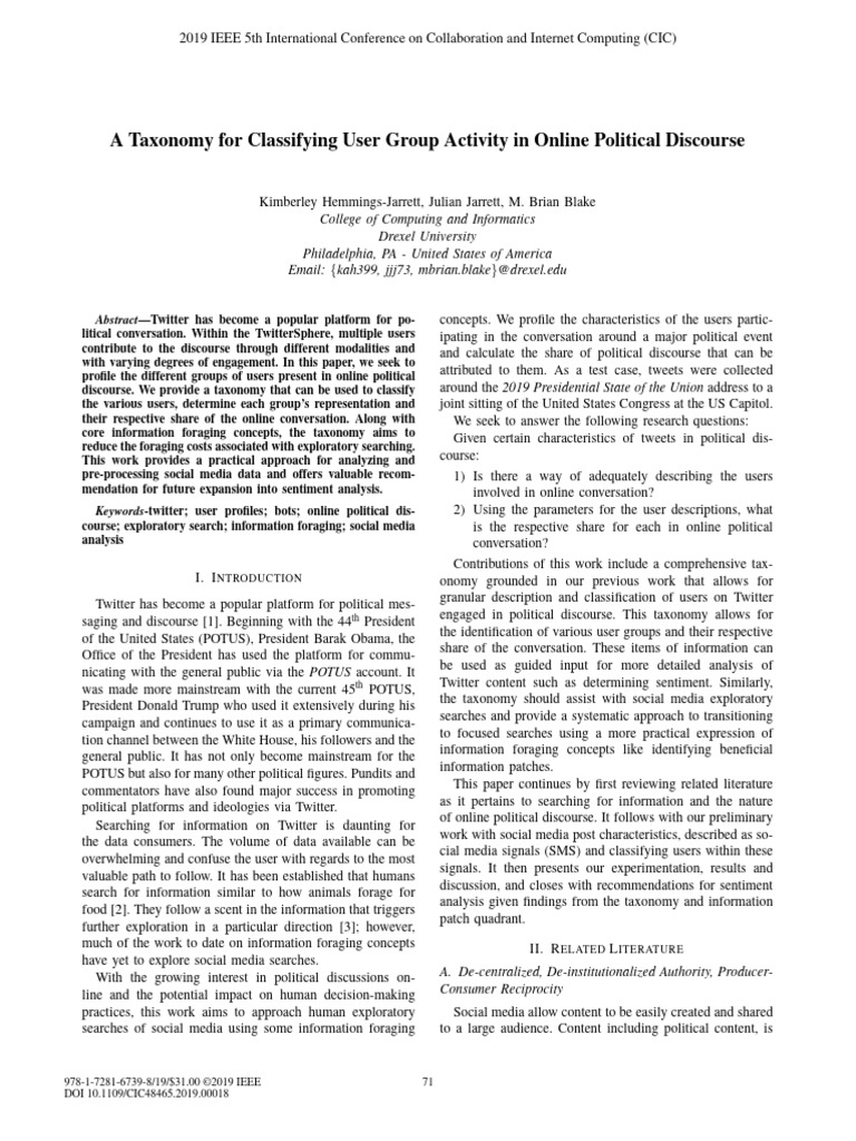 A Taxonomy For Classifying User Group Activity in Online Political Discourse | PDF
