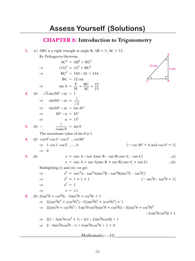 Cbse Cl10 Together With Maths Standard Solutions To Assess Yourself CH 8 | PDF