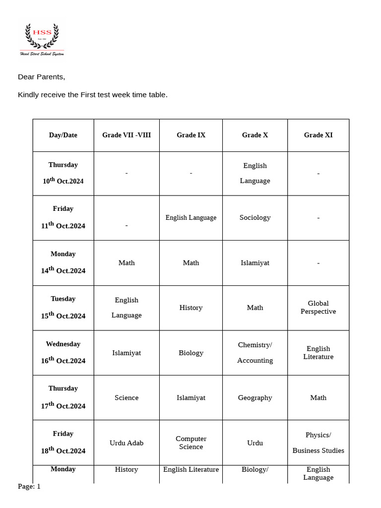 Test Week Time Table | PDF