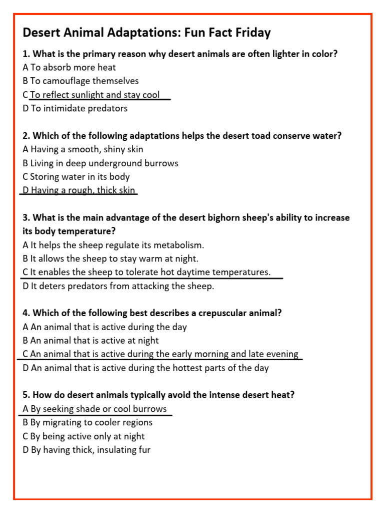 Desert Animal Adaptations Comprehension Worksheet | PDF