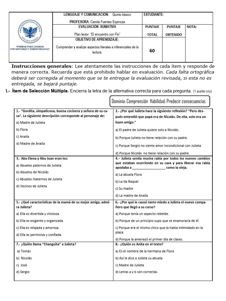 Evaluación Plan Lector El Encuentro Con Flo | PDF