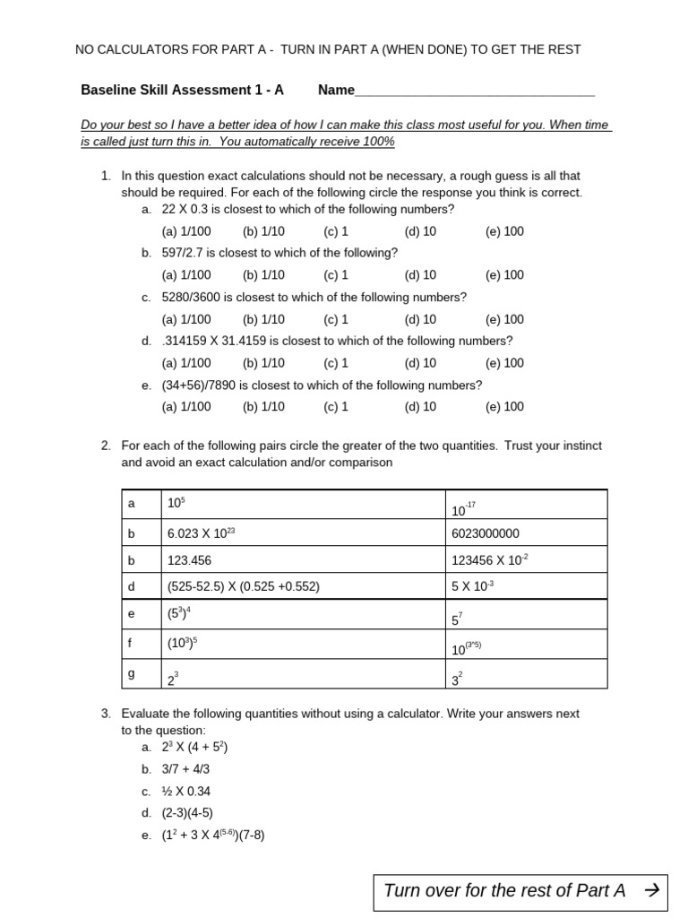 Baseline Math Skills Assessment | PDF