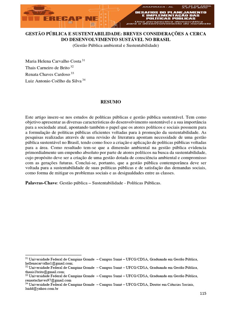 Gestão Pública e Sustentabilidade Breves Considerações A Cerca - Anais ...