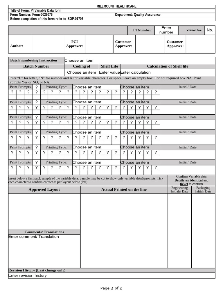 NOVO-FORM-0026076 PI Variable Data Form | PDF