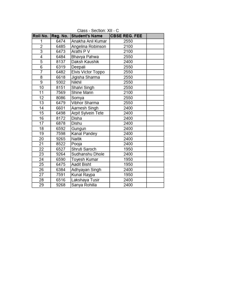 Class Xii C Cbse Reg Fee. 2024-25 | PDF