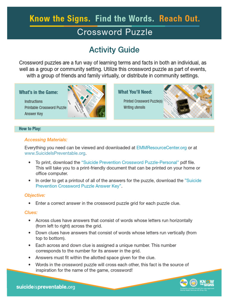 Suicide Prevention Crossword Activity Guide English | PDF