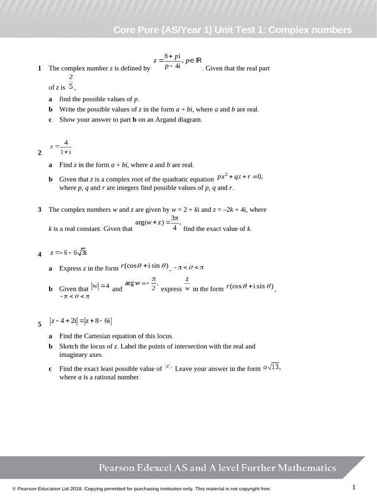 Core Pure Unit Test 1 Complex Numbers | PDF