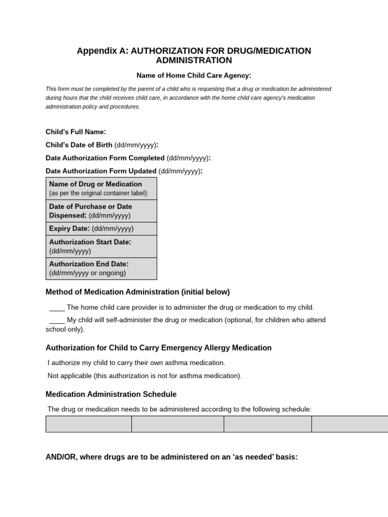 Child Medication Administration Form | PDF | Child Care | Health Care