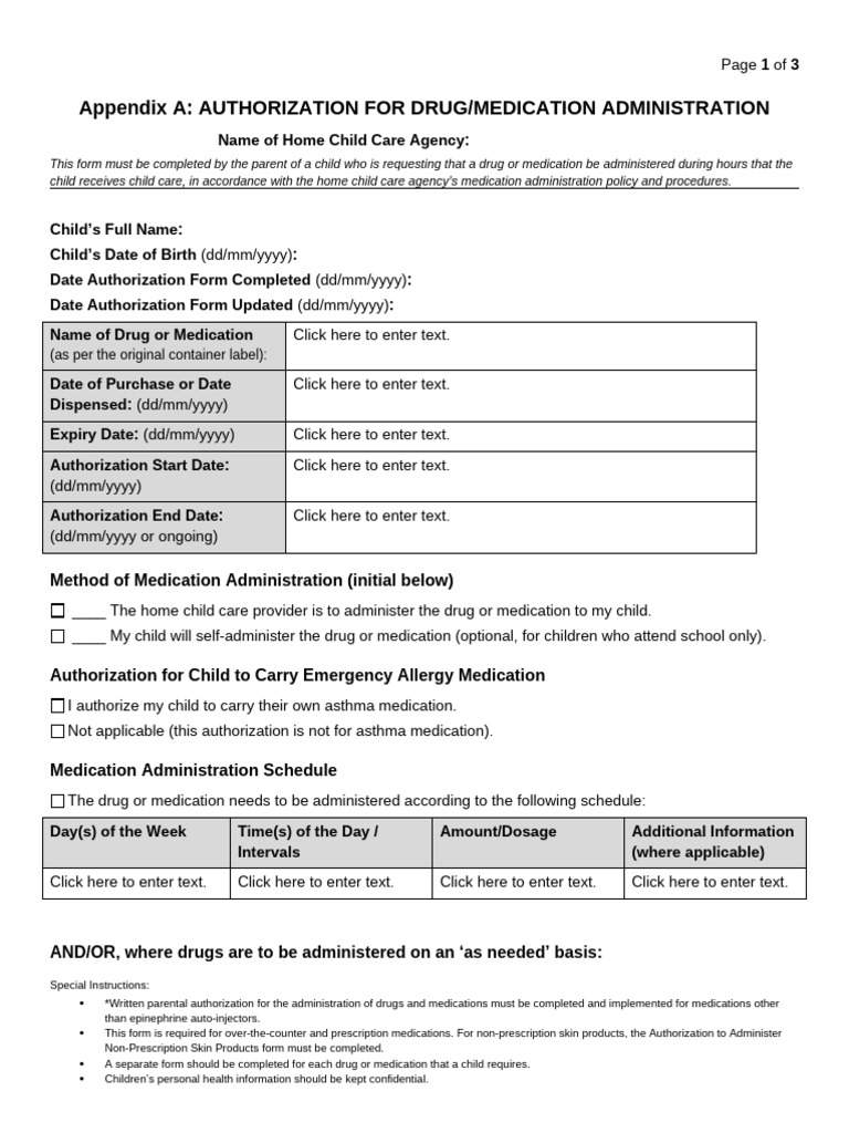 Child Medication Administration Form | PDF | Over The Counter Drug ...