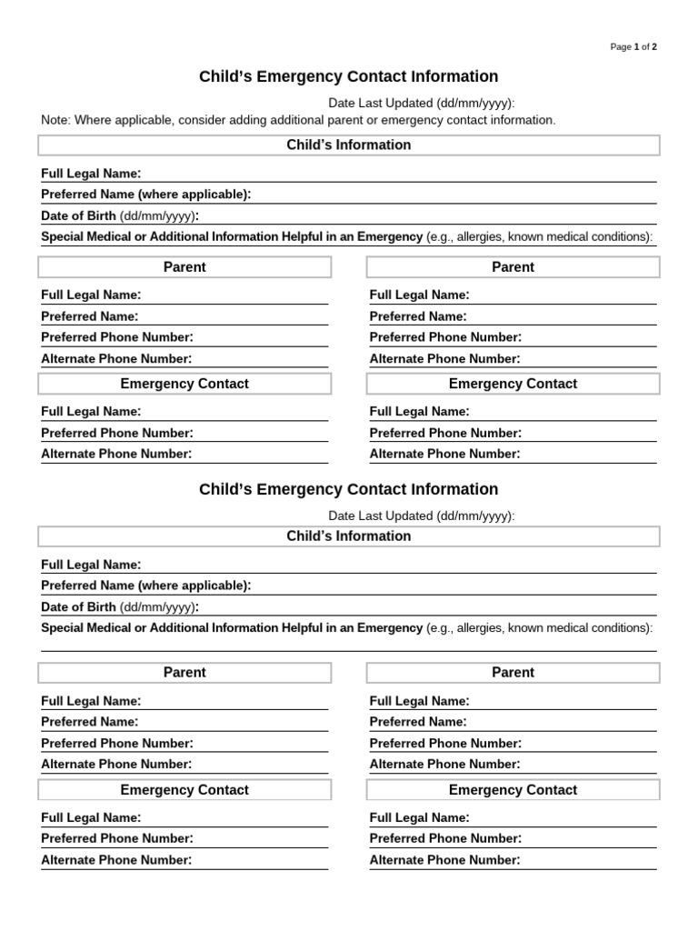 Template For Child Emergency Contact List | PDF | Child Care | Government
