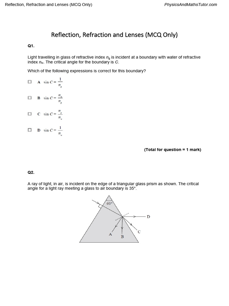 Reflection, Refraction and Lenses (MCQ Only) | PDF