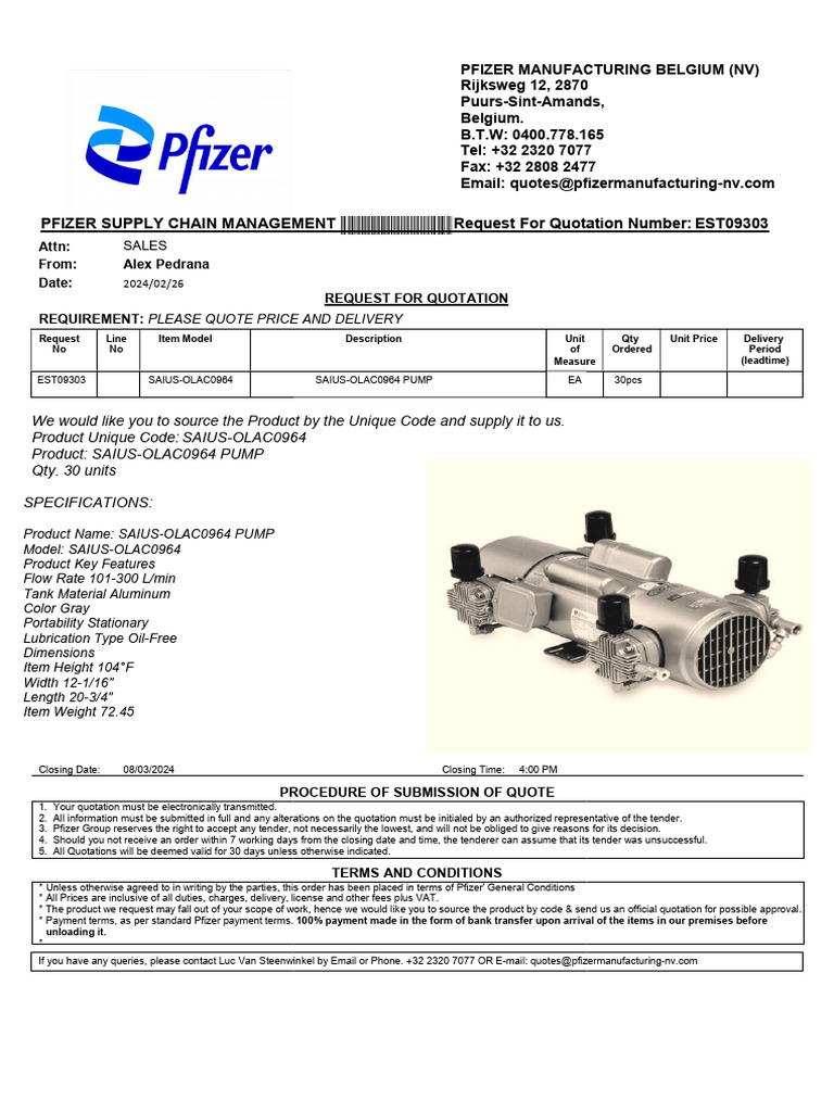 Pfizer-Request For Quotation | PDF
