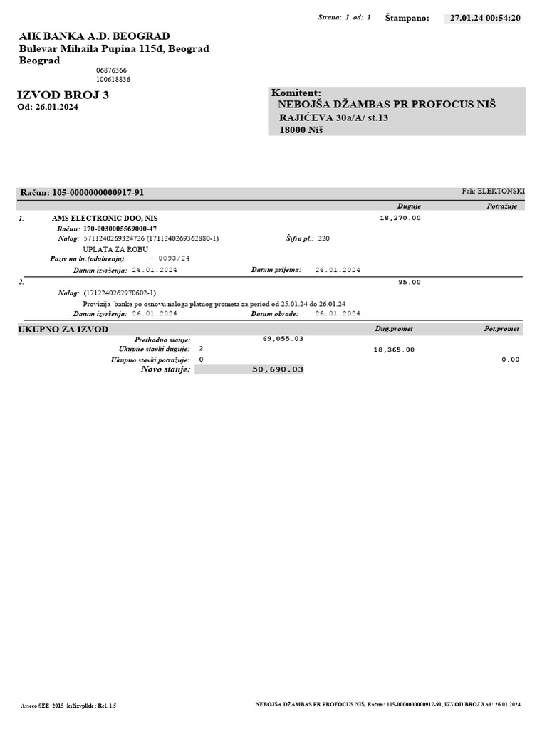 Izvod Broj 3: Aik Banka A.D. Beograd Bulevar Mihaila Pupina 115đ ...