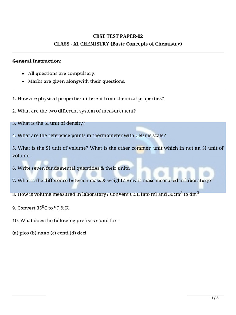Cbse Test Paper-02 CLASS - XI CHEMISTRY (Basic Concepts of Chemistry) | PDF