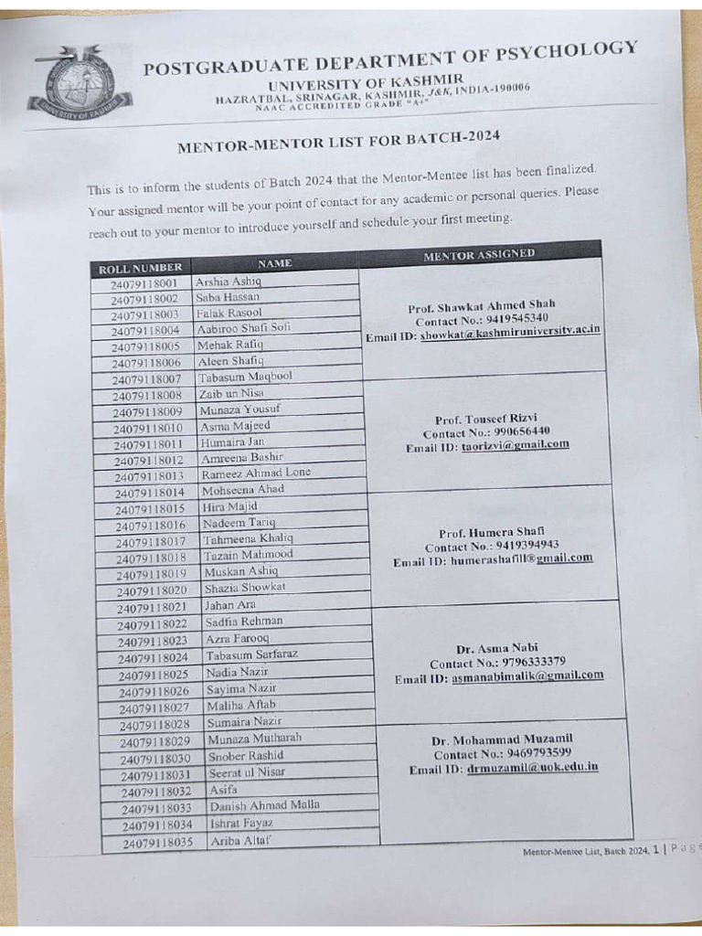 Mentor Mentee List 2024 Batch | PDF