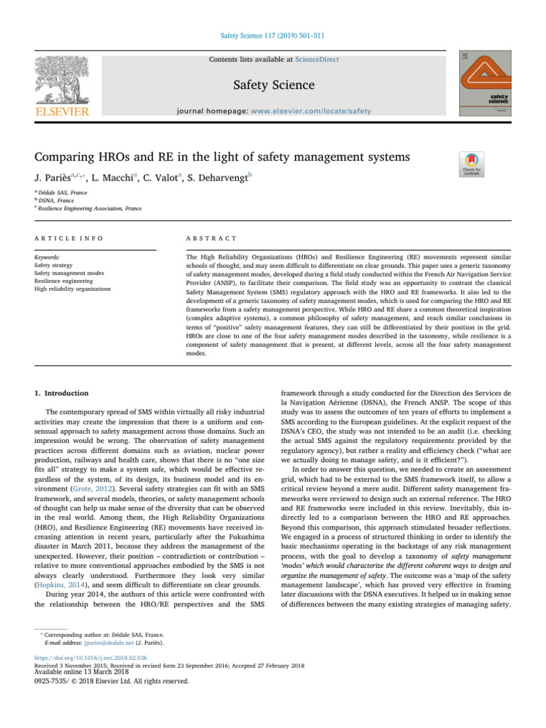 Comparing HROs and RE in The Light of Safety Management Systems | PDF