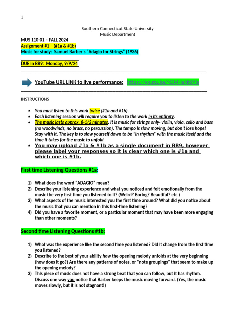 Assign. #1 Samuel Barber's ADAGIO For STRINGS - ASSIGNMENT | PDF