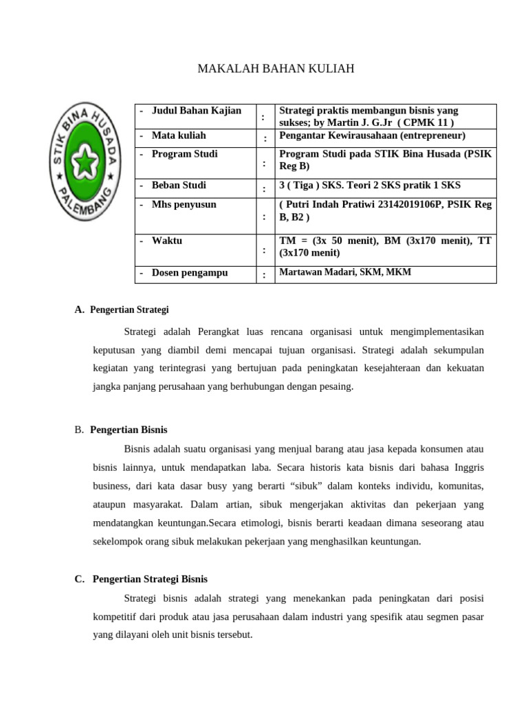 Putri Indah Pratiwi 23142019106P Strategi Praktis Membangun Bisnis Yang ...