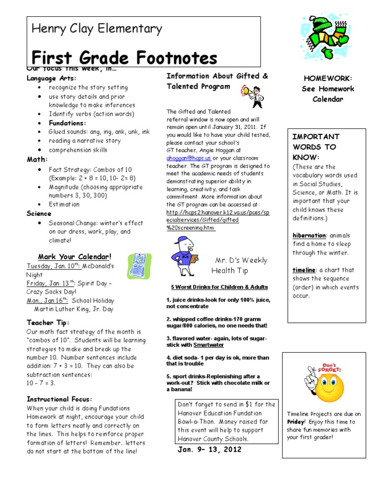 First Grade Weekly Overview: Jan 9-13 | PDF | Gifted Education ...