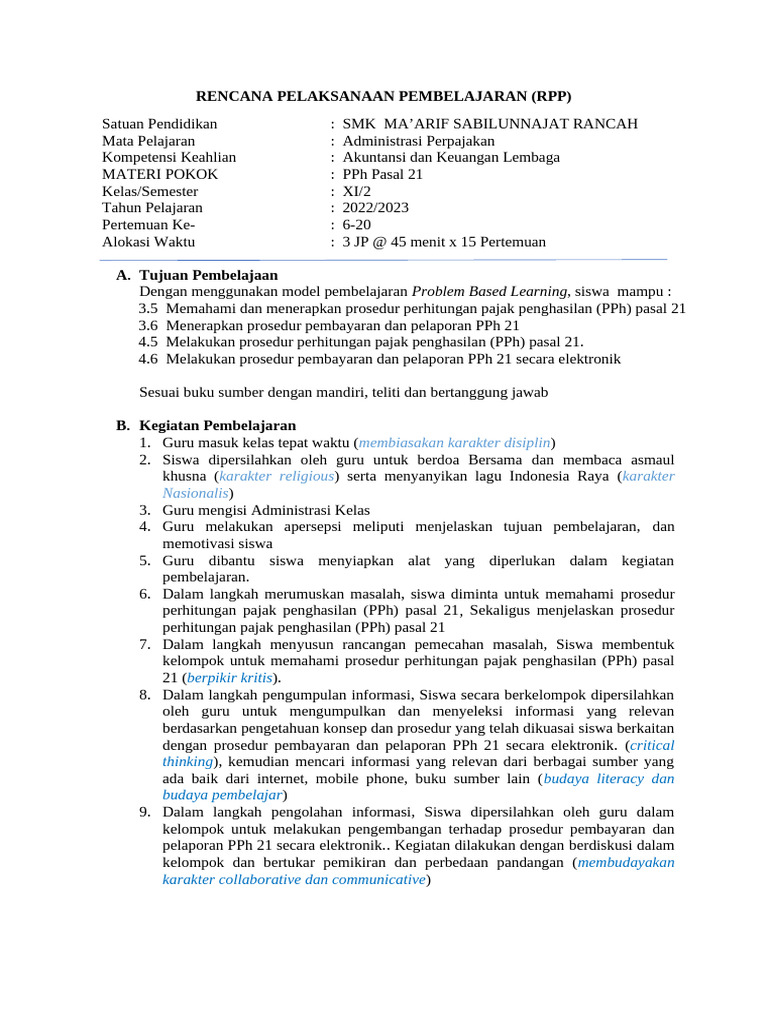 RPP PPH Pasal 21 | PDF