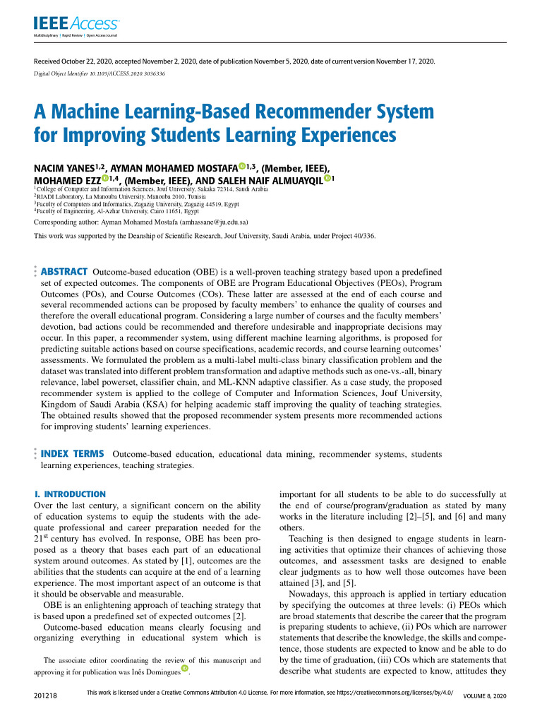 A Machine Learning-Based Recommender System For Improving Students Learning Experiences-1 | PDF