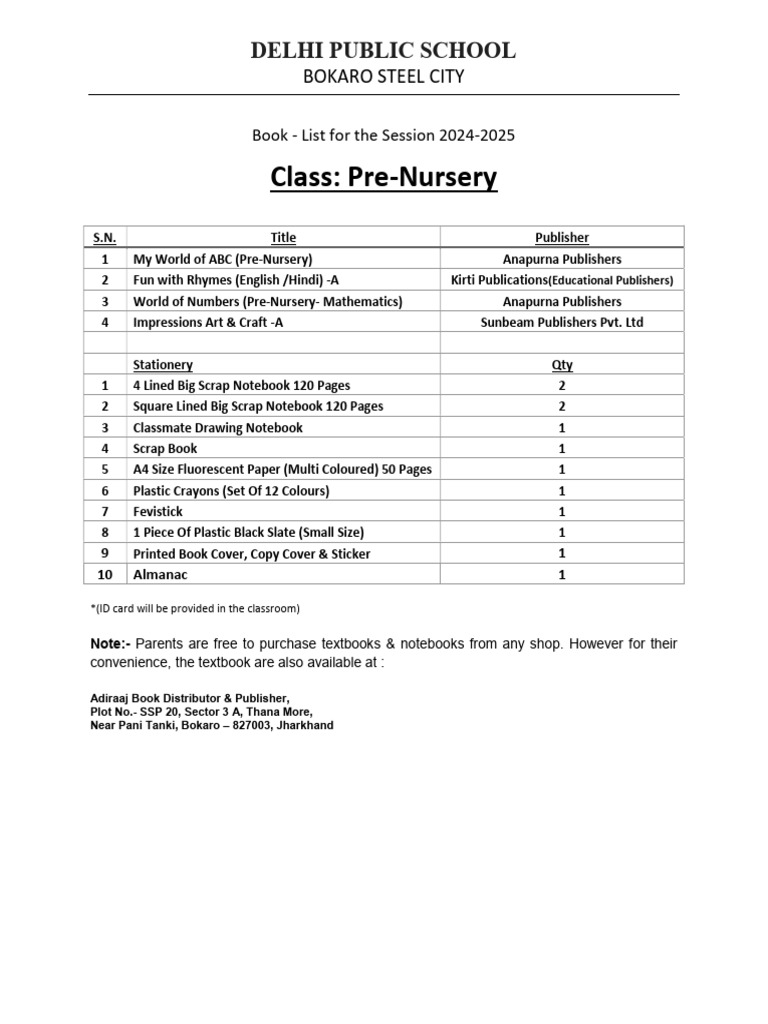DPS Bokaro Book List 2024-2025 | PDF | Notebook | Language Arts ...