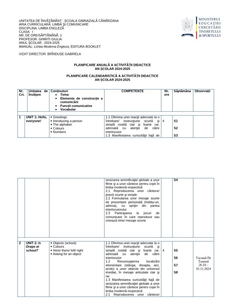 Planificare 2024 Booklet CLS 1 | PDF