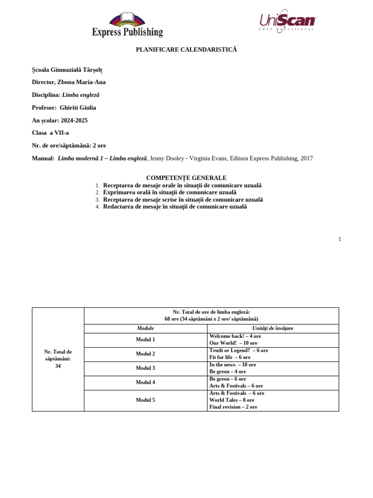 Planificare 2024 Uniscan CLS 7 | PDF