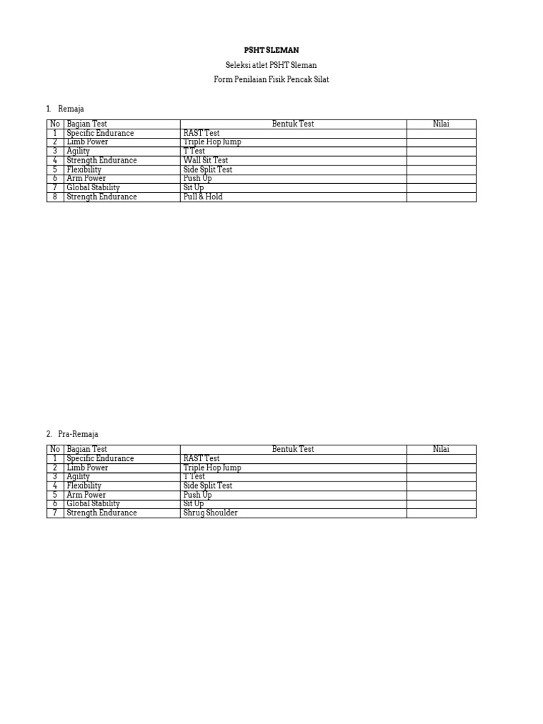 Form Penilaian Fisik PSHT SLEMAN | PDF