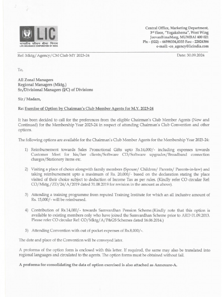 Circular For Option For CM Club MY 2023-24 | PDF