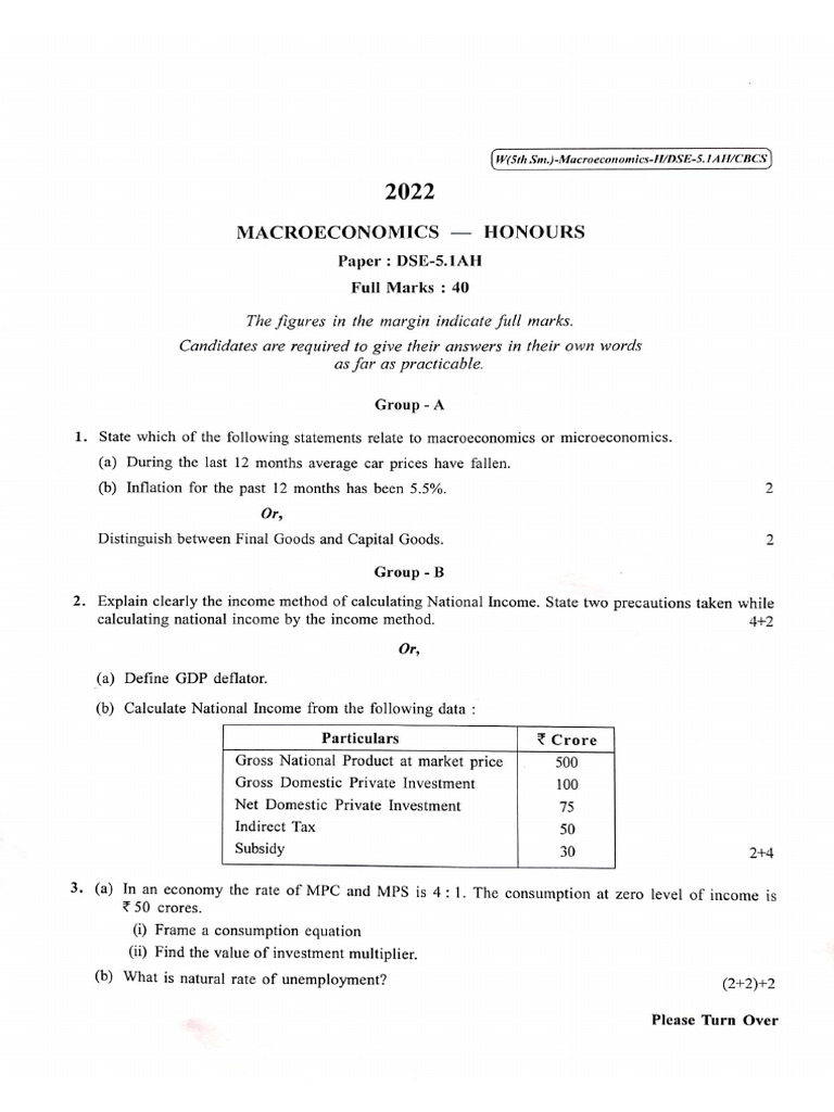 CU-2022 B. Com. (Honours) Macroeconomics Semester-5 Paper-DSE-5.1AH QP | PDF
