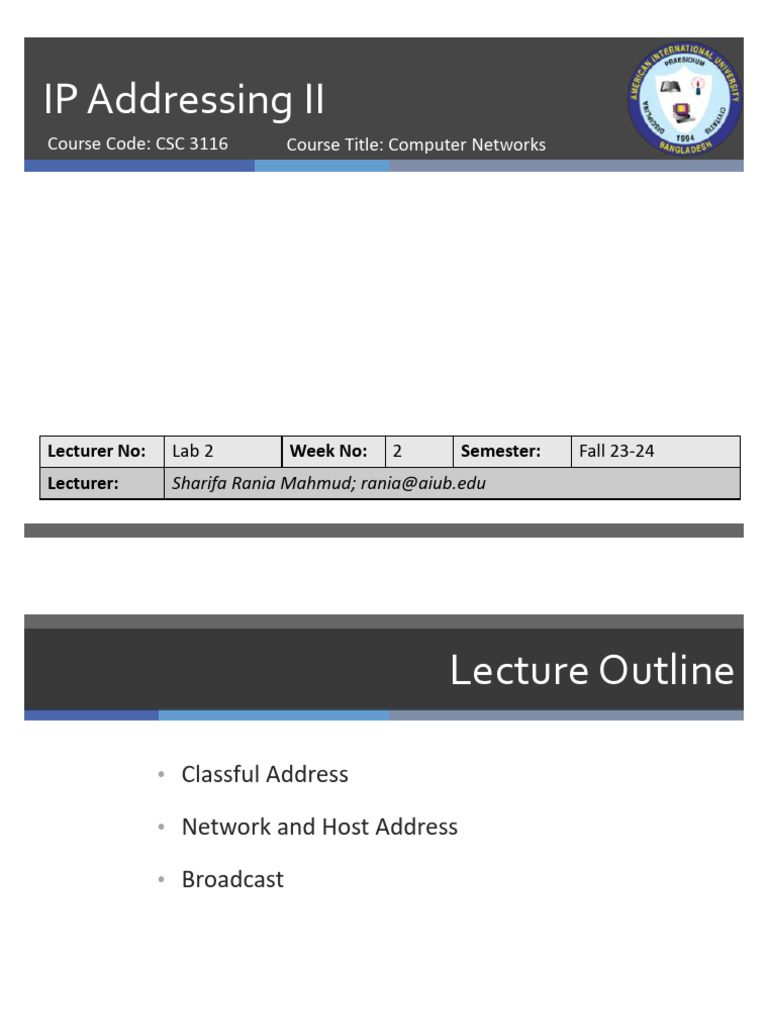 CN Lab Lecture 2 IP - Addressing II - Fall - 23 - 24 | PDF | Ip Address | Technology & Engineering