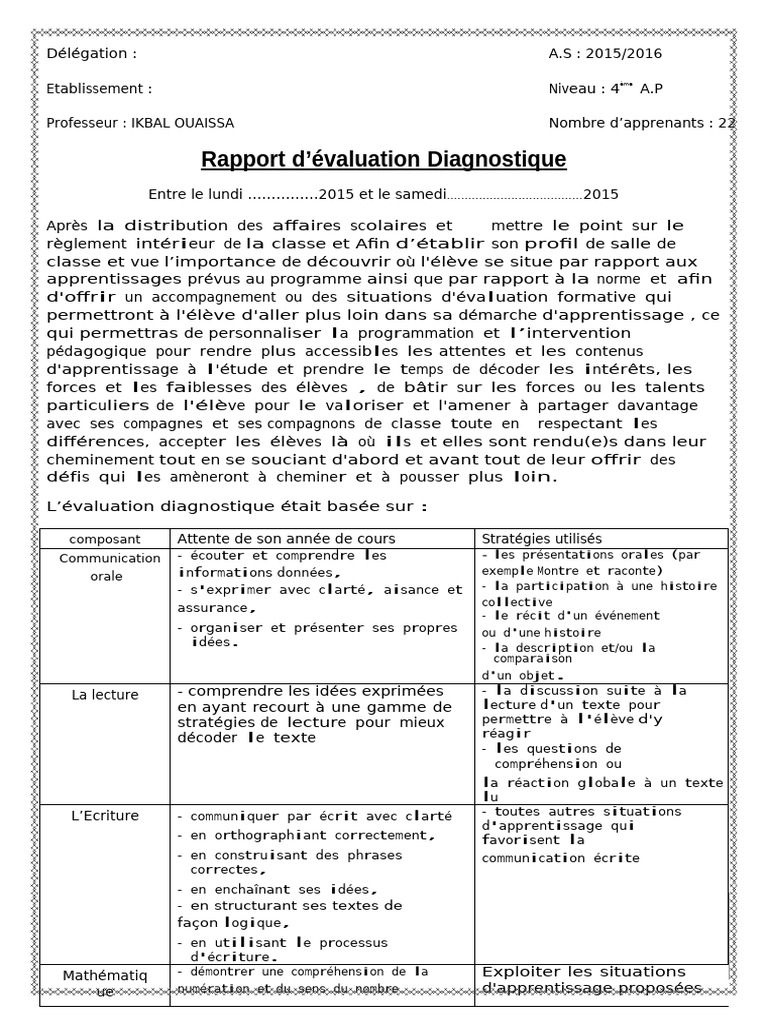 Rapport-d'évaluation-Diagnostique-Professeur-IKBAL-OUAISSA (3) 565 | PDF