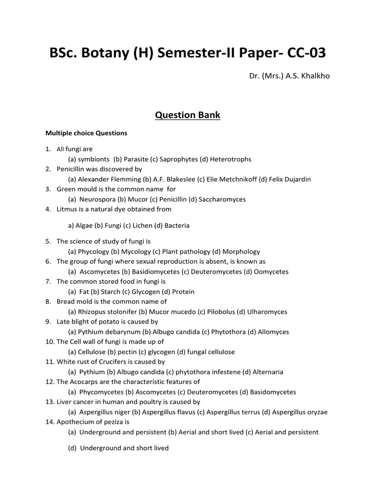 Botany Question Bank CC3 Sem-2 | PDF | Fungus | Reproduction
