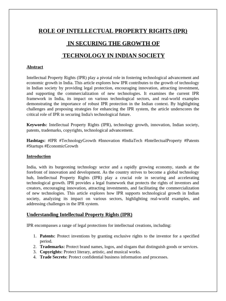 Role of Intellectual Property Rights (IPR) in Securing The Growth of ...