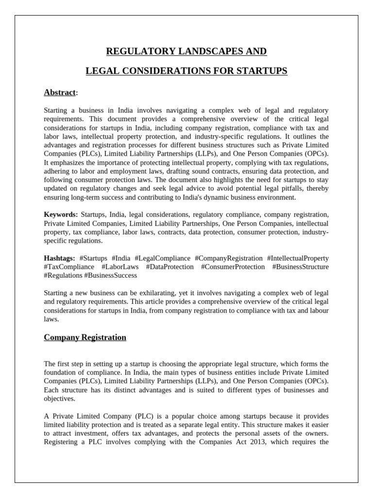 Regulatory Landscapes and Legal Considerations For Startups | PDF