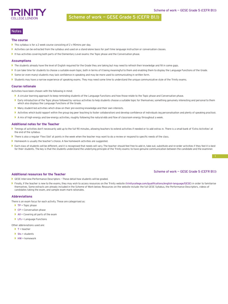 00 GESE 5 (CEFR B1.1) - Scheme of Work | PDF