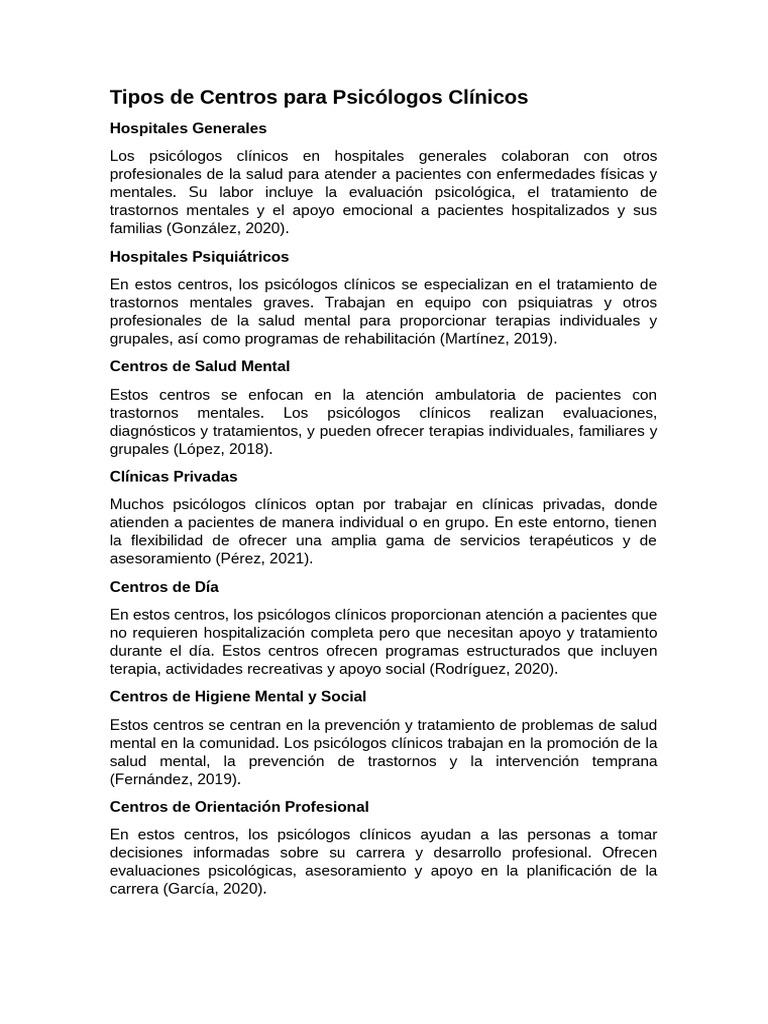 Tipos de Centros para Psicólogos Clínicos | PDF